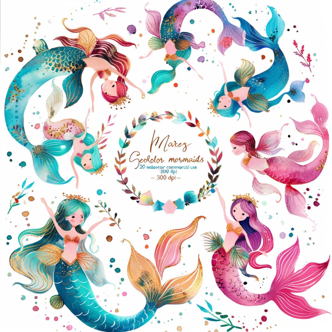 20watercolor Mermaid Clipart, Mermaid Fashion, Printable Watercolor ...