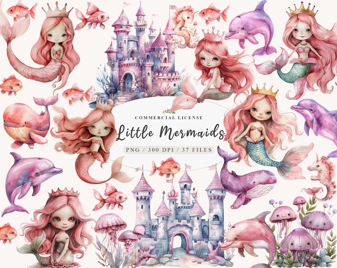 Little Mermaid Png, Sea Animals Clipart, Mermaid Castle, Watercolor ...