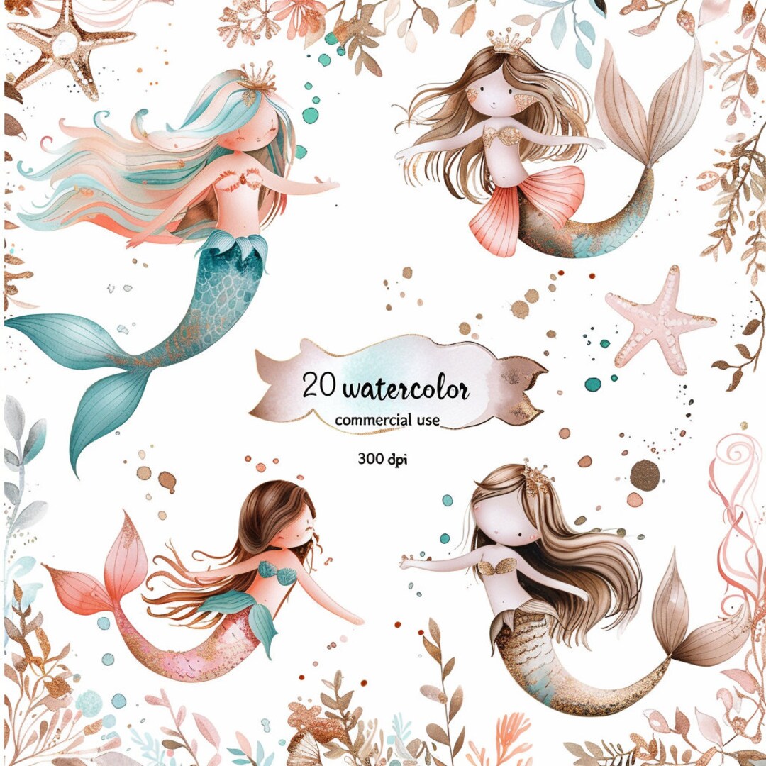 20watercolor Mermaid Clipart, Mermaid Fashion, Printable Watercolor ...
