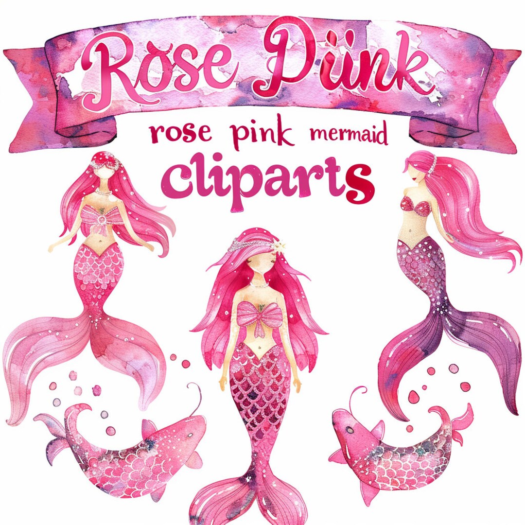 Rose Pink Mermaids Digital Illustrations - Set of 22 High-resolution ...