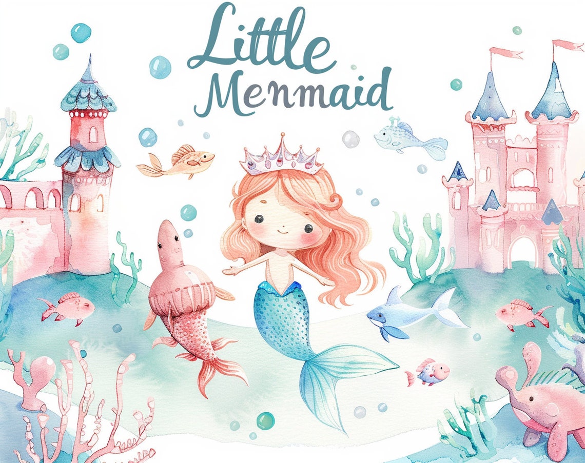 Little Mermaid Png, Sea Animals Clipart, Mermaid Castle, Watercolor ...
