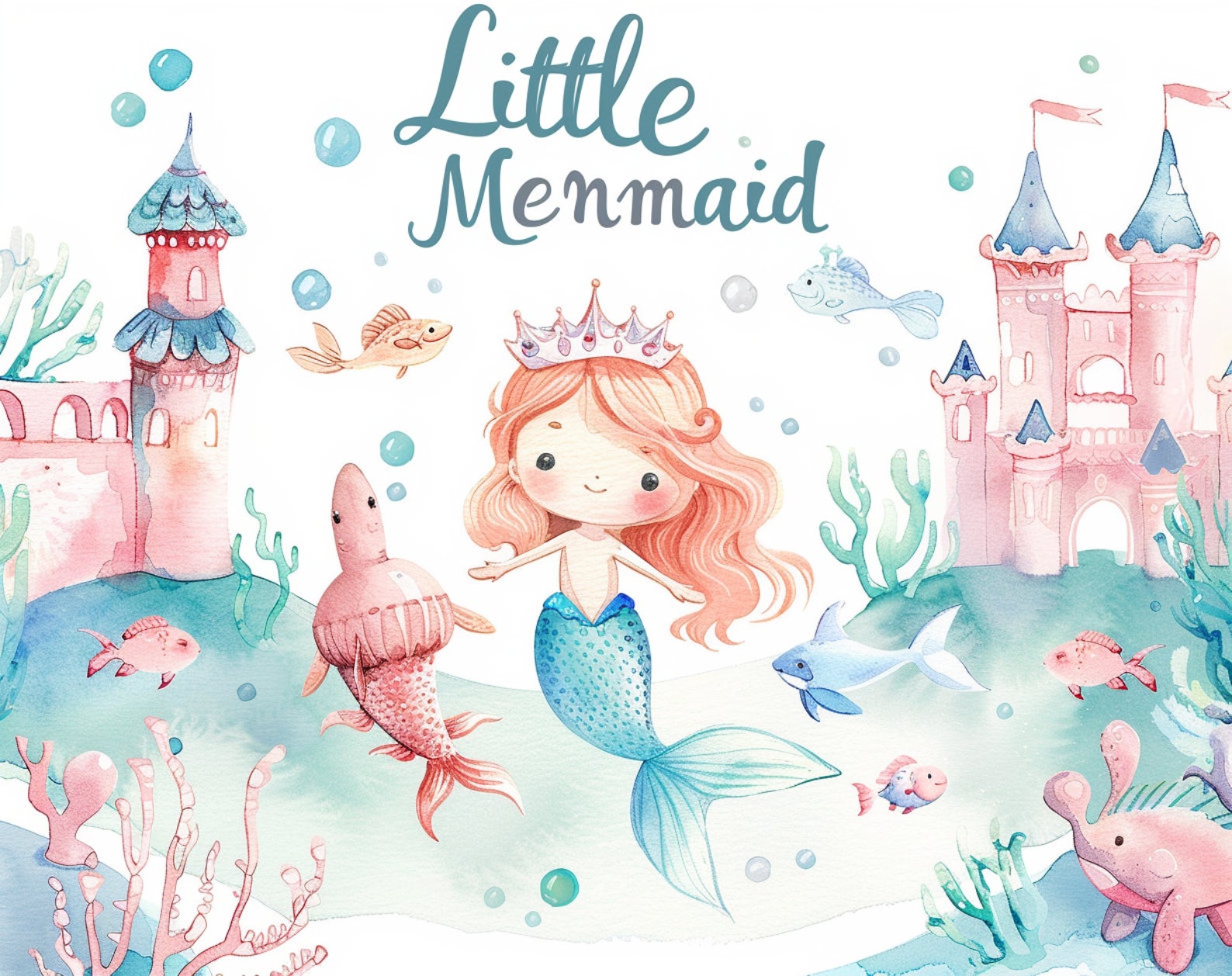 Little Mermaid Png, Sea Animals Clipart, Mermaid Castle, Watercolor ...