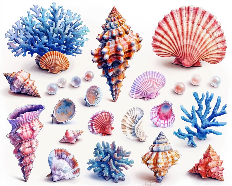 SEA SHELLS - 20 Clip Arts (400 Dpi, Sea Anemone, Sea Horse, Bundle ...