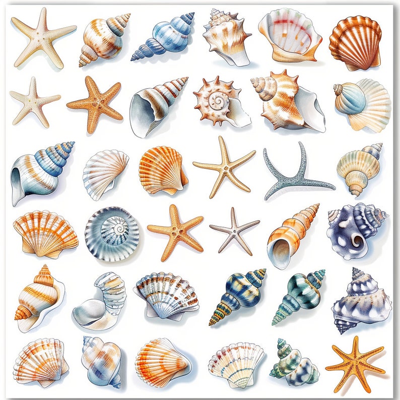 24 Watercolor Seashells Clipart, Summer Clipart, Printable Watercolor ...