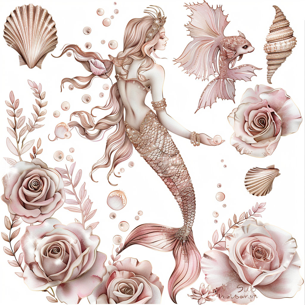 Pearl and Rose Pink Mermaids Clipart Set - Boho Ocean Elements, 22 ...
