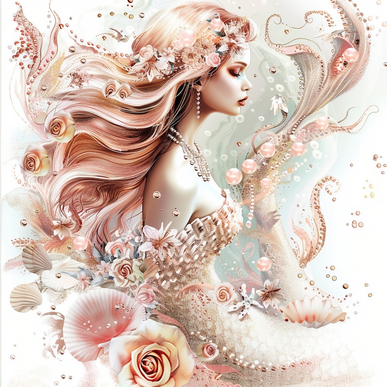 Pearl and Rose Pink Mermaids Clipart Set - Boho Ocean Elements, 22 ...