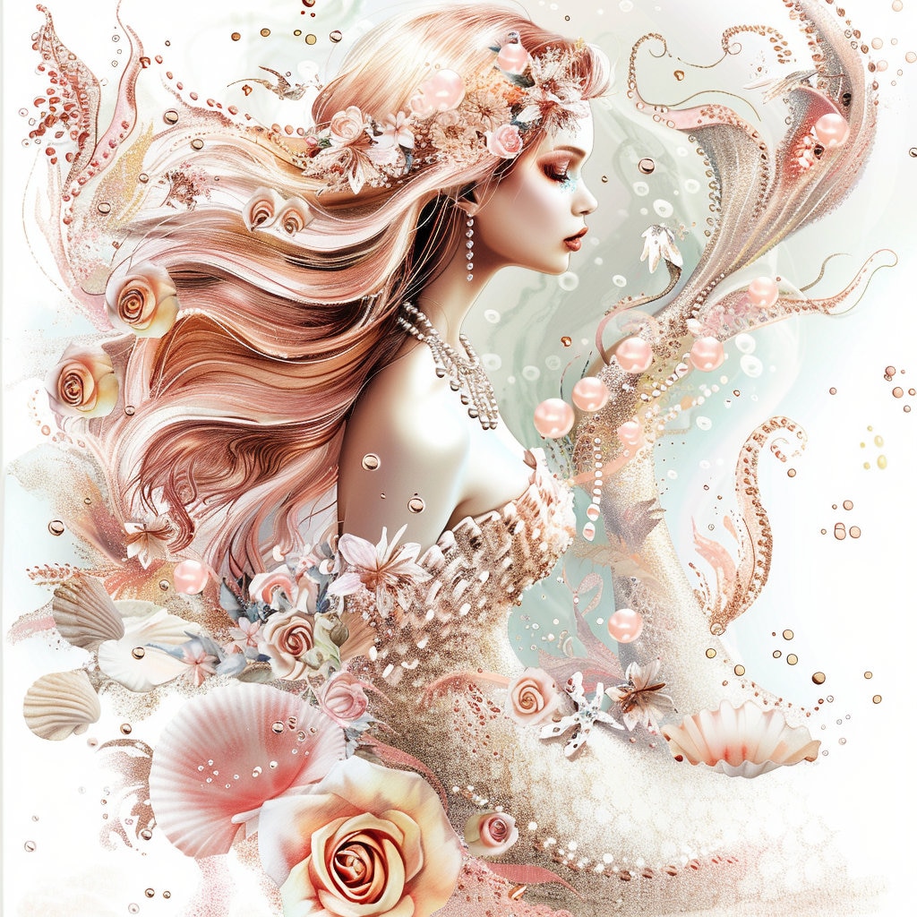 Pearl and Rose Pink Mermaids Clipart Set - Boho Ocean Elements, 22 ...
