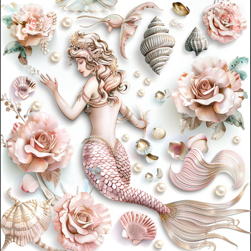 Pearl and Rose Pink Mermaids Clipart Set - Boho Ocean Elements, 22 ...