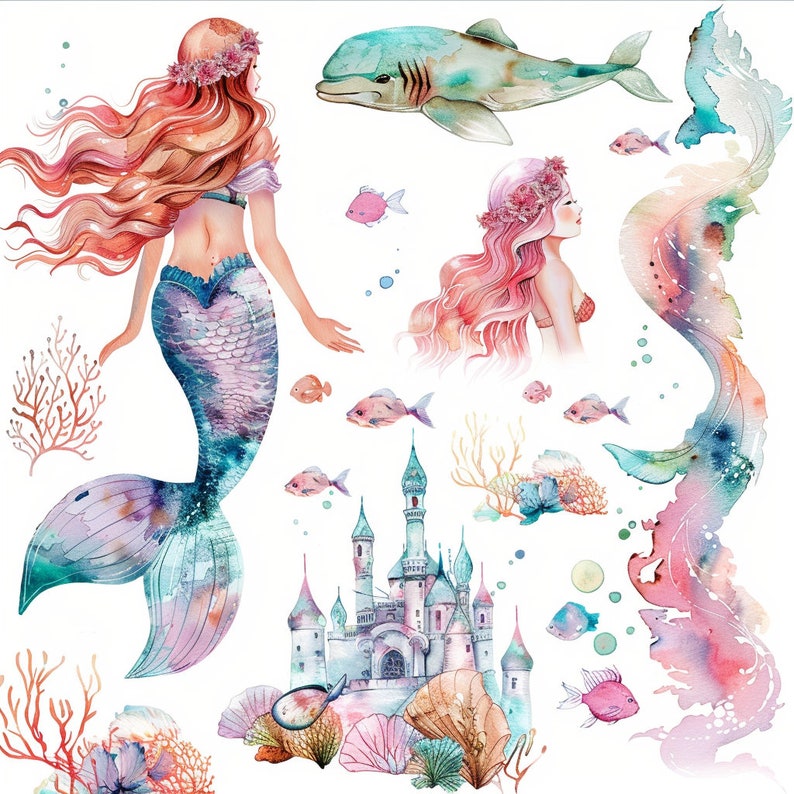 Watercolor Mermaid World Clipart, Mermaid Clip Art, Cute Sea Animals ...
