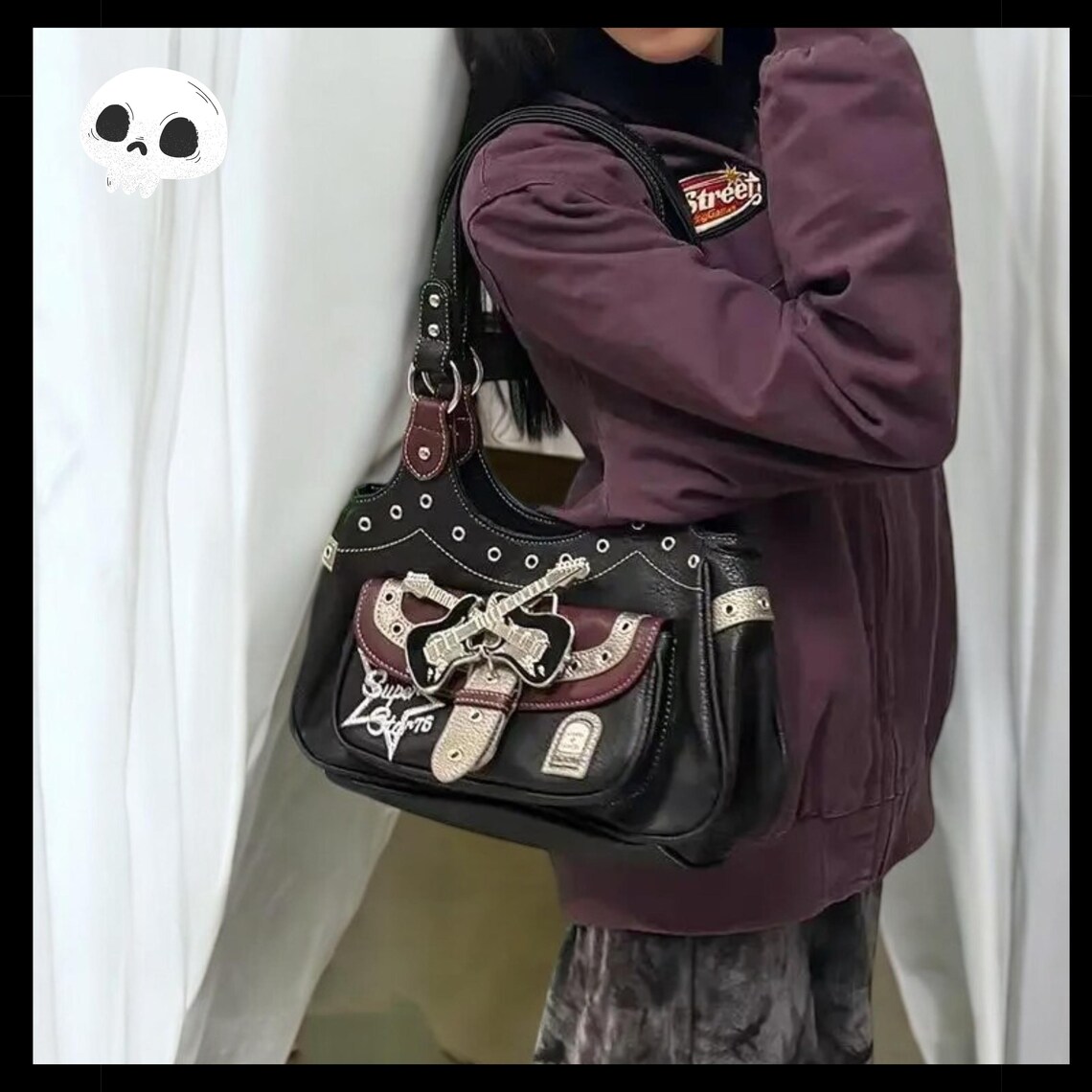 Black Handbags for Women Street Punk Fashion Leather Underarm Shoulder ...