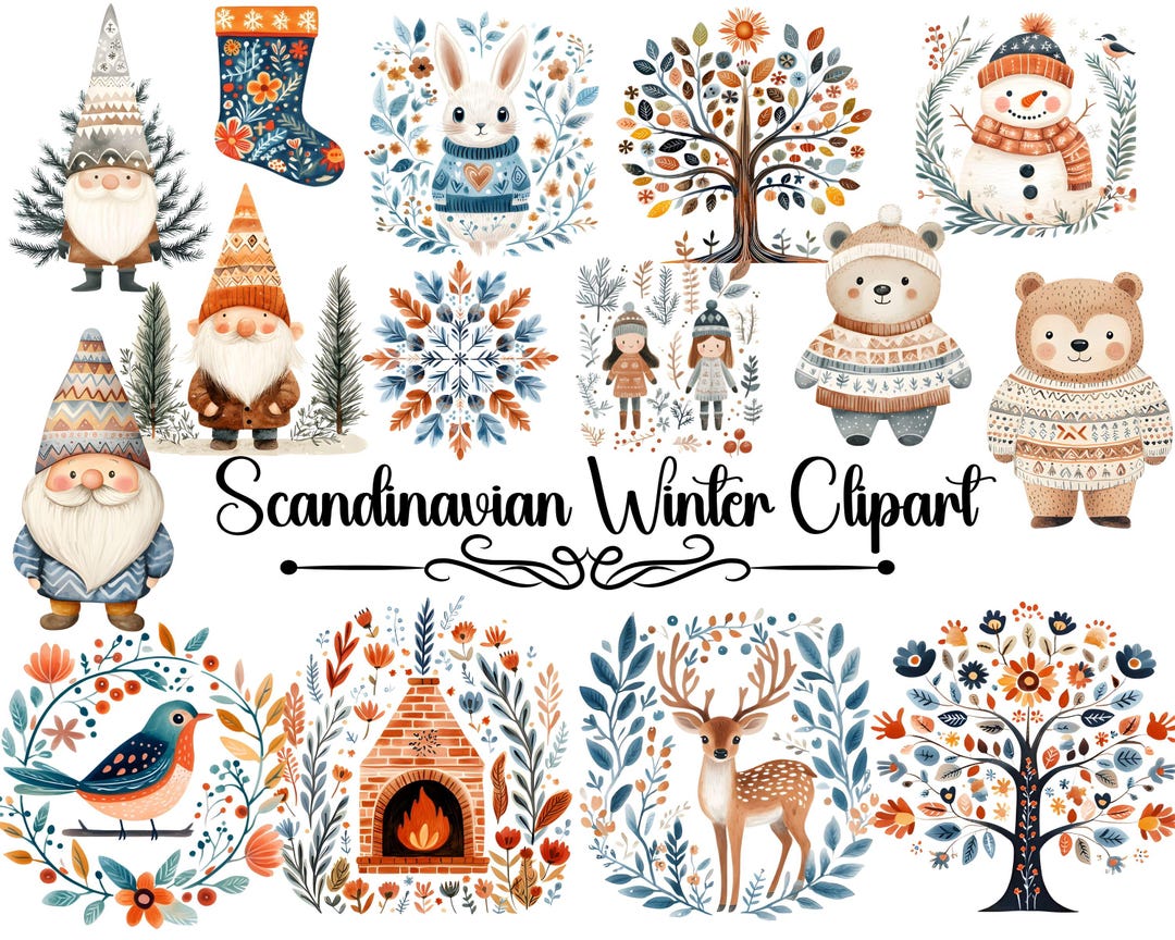 Scandinavian Winter Clipart, Nordic Xmas Clipart, Watercolor ...