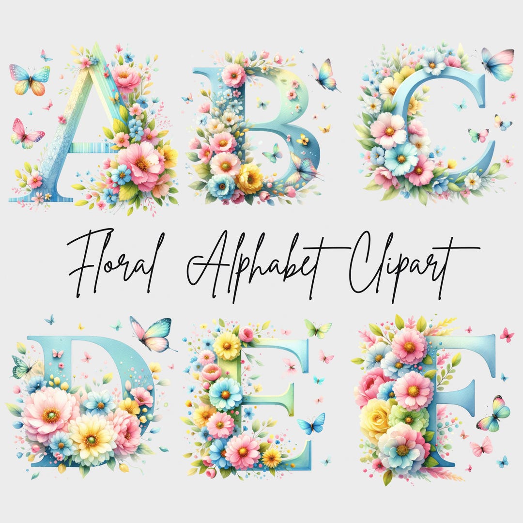 Floral Alphabet Clipart, Blue Alphabet Clipart, Watercolor Floral ...