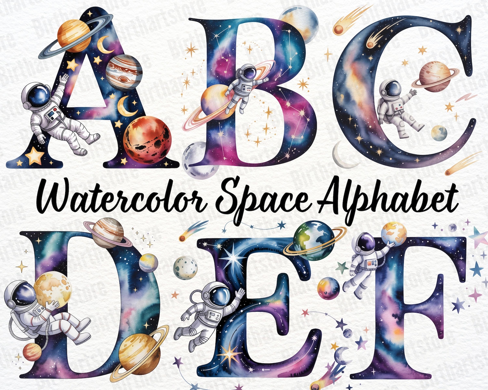 Space Alphabet Clipart | Watercolor Galaxy Astronaut Letters PNG ...
