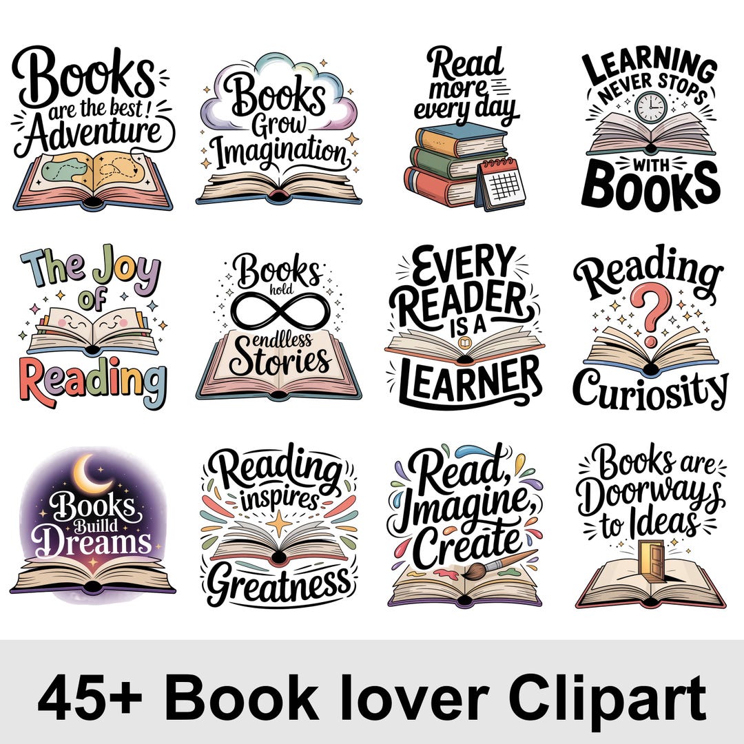 Book Lover Clipart PNG Bundle, 45 Reading Graphics for Teachers ...