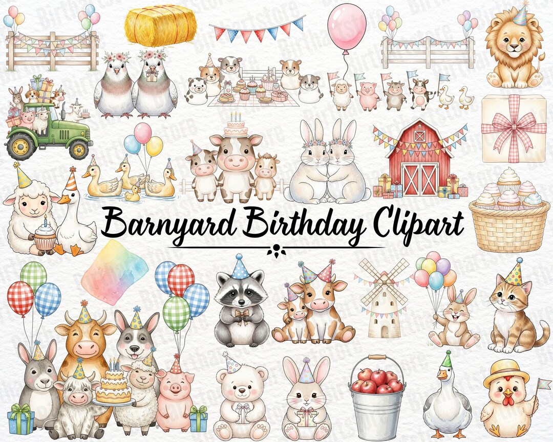 Cute Farm Animal Birthday Clipart Bundle, Farm Party Clipart PNG, Cute ...