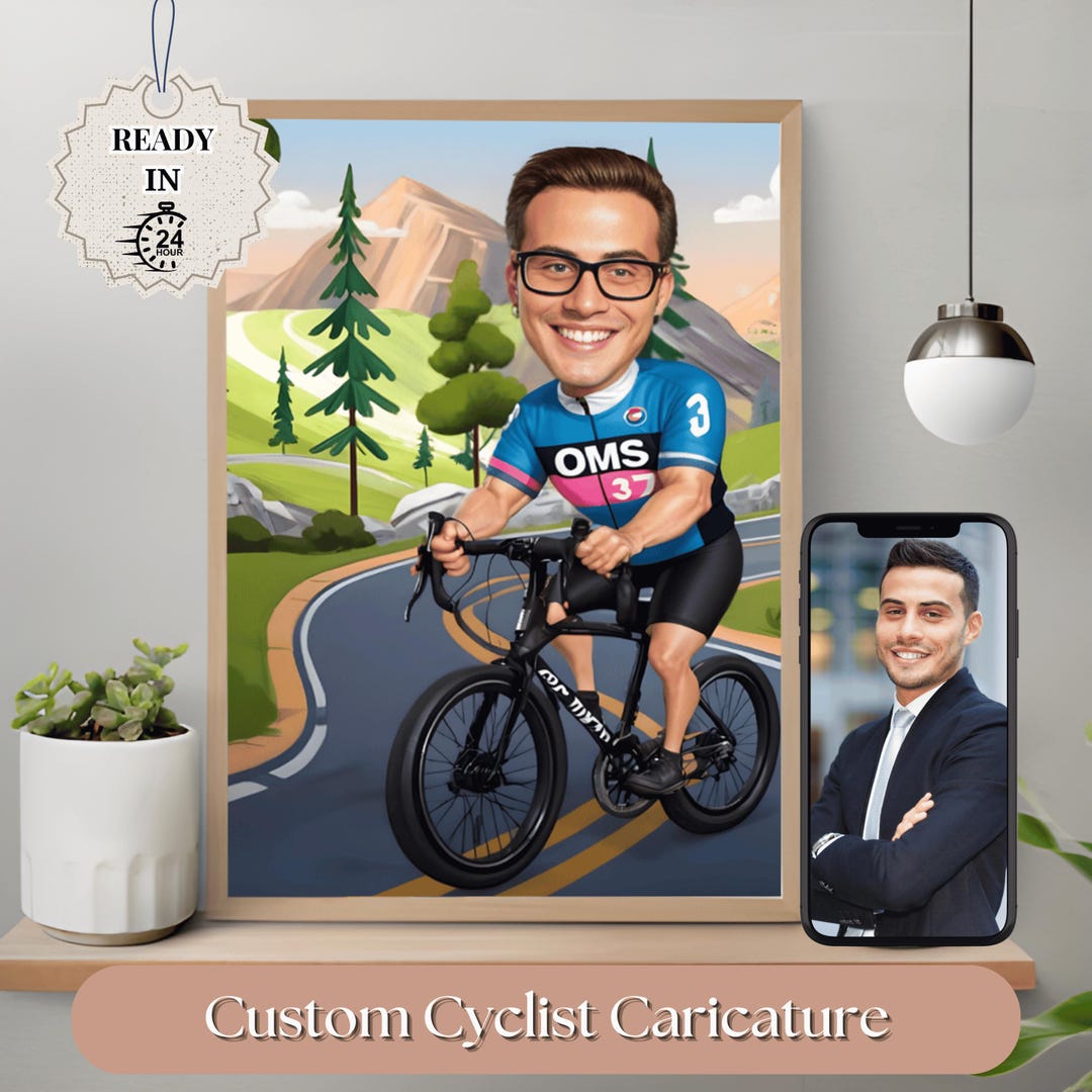 Personalized Cyclist Cartoon Portrait, Custom Bicycle Portrait, Gift ...