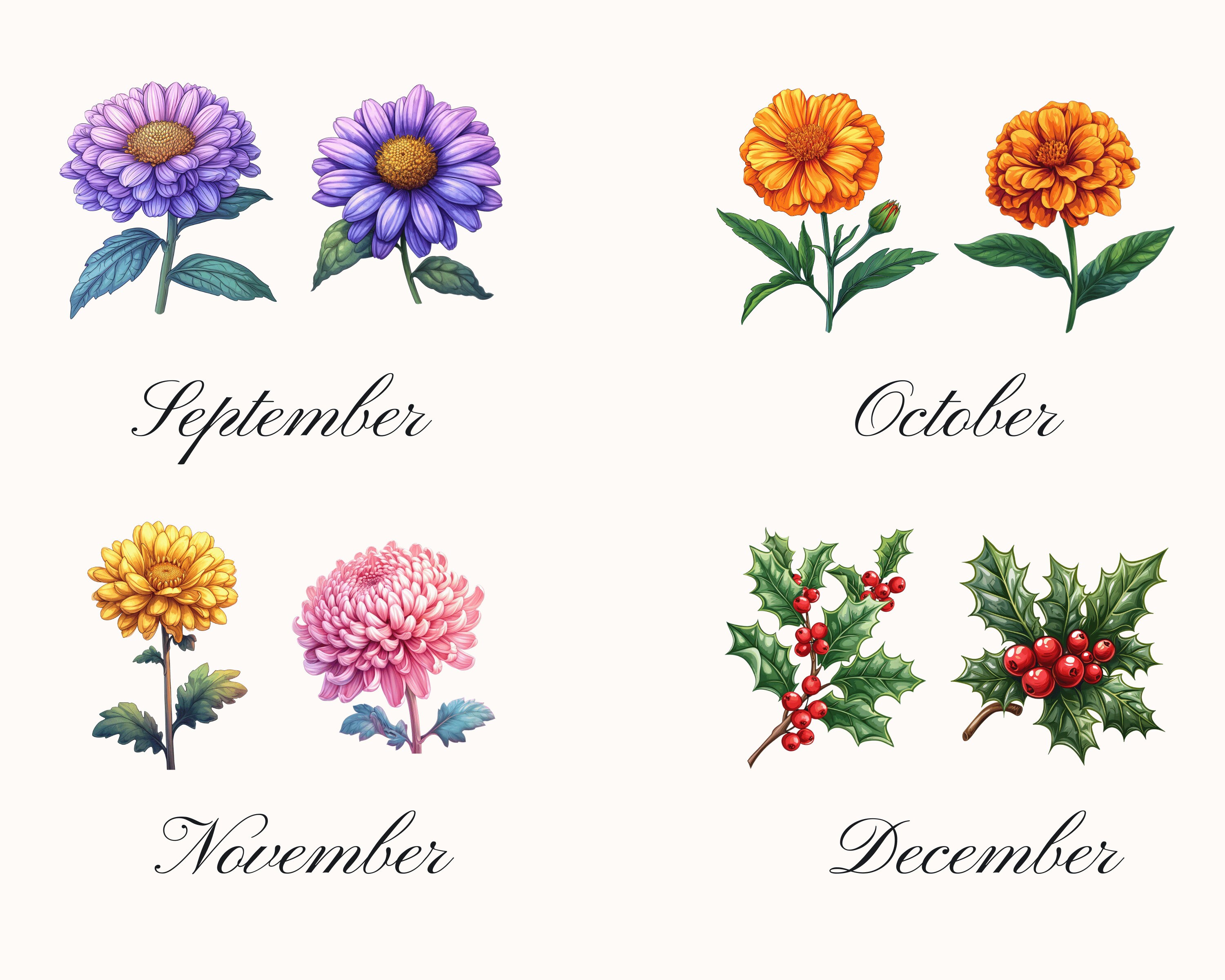 Birth Month Flower Clipart, Birth Flower PNG, Antique Floral PNG ...