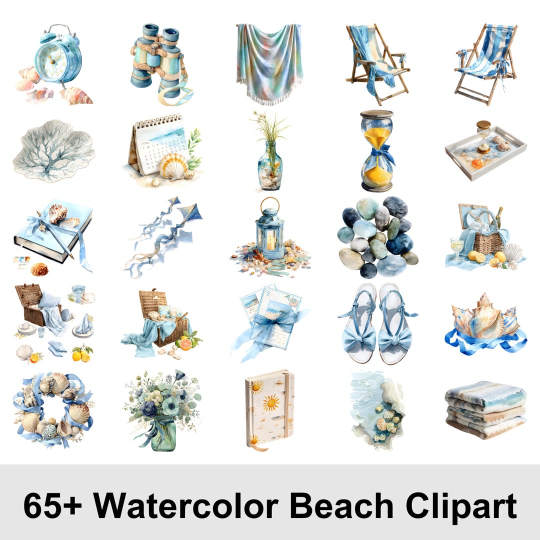 Watercolor Beach Clipart Bundle • 65 Coastal PNG Graphics for Summer ...
