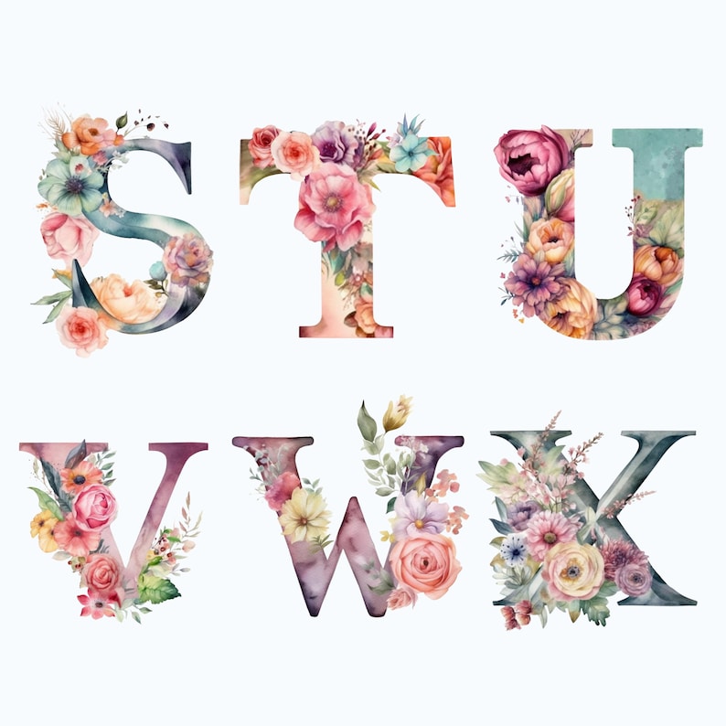 Watercolor Floral Alphabet Clipart Bundle, Boho Pastel Letter PNG Set ...