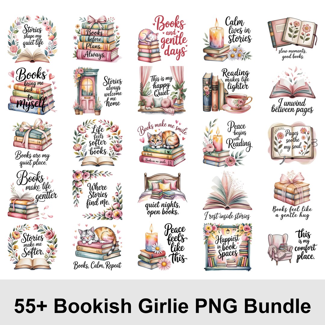 Bookish Girlie PNG Printable Flashcards, Pink Book Lover Clipart ...