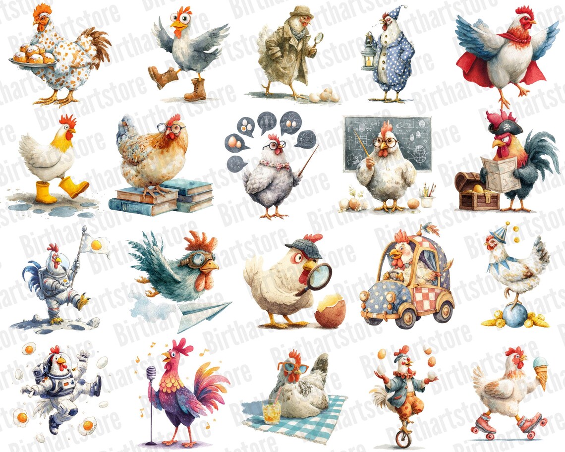 Funny and Quirky Chicken Clipart, Chicken Bundle PNG, Cartoon ...
