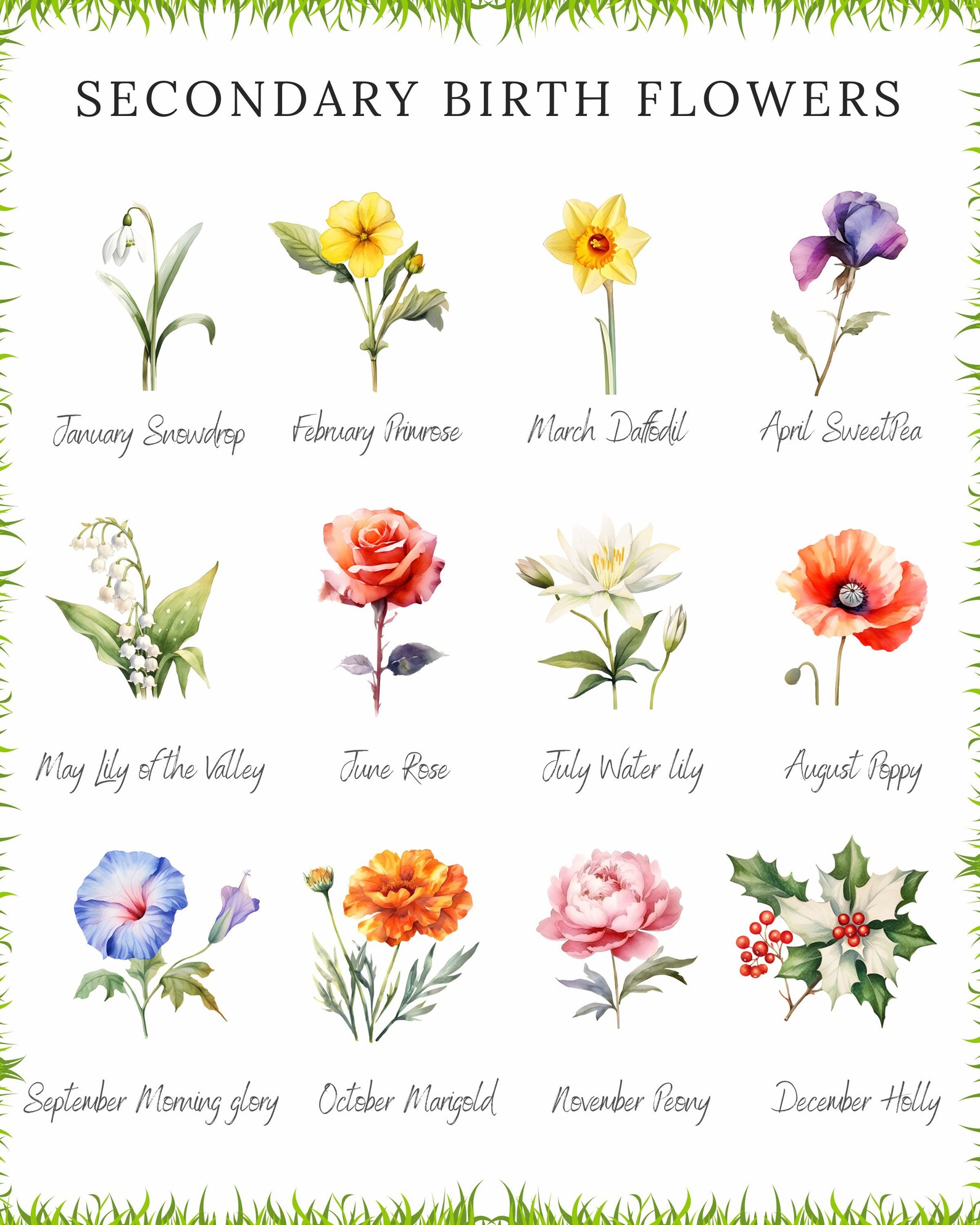 Birth Month Flower Digital Print, Birth Flowers Clipart Bundle ...