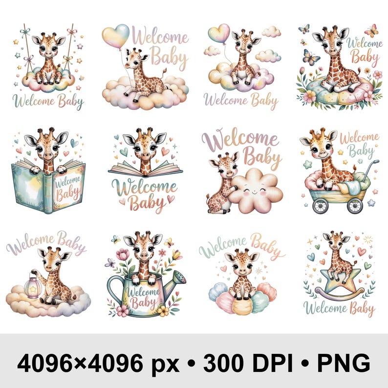 Watercolor Baby Giraffe Clipart Bundle for Nursery Wall Art, Cute ...
