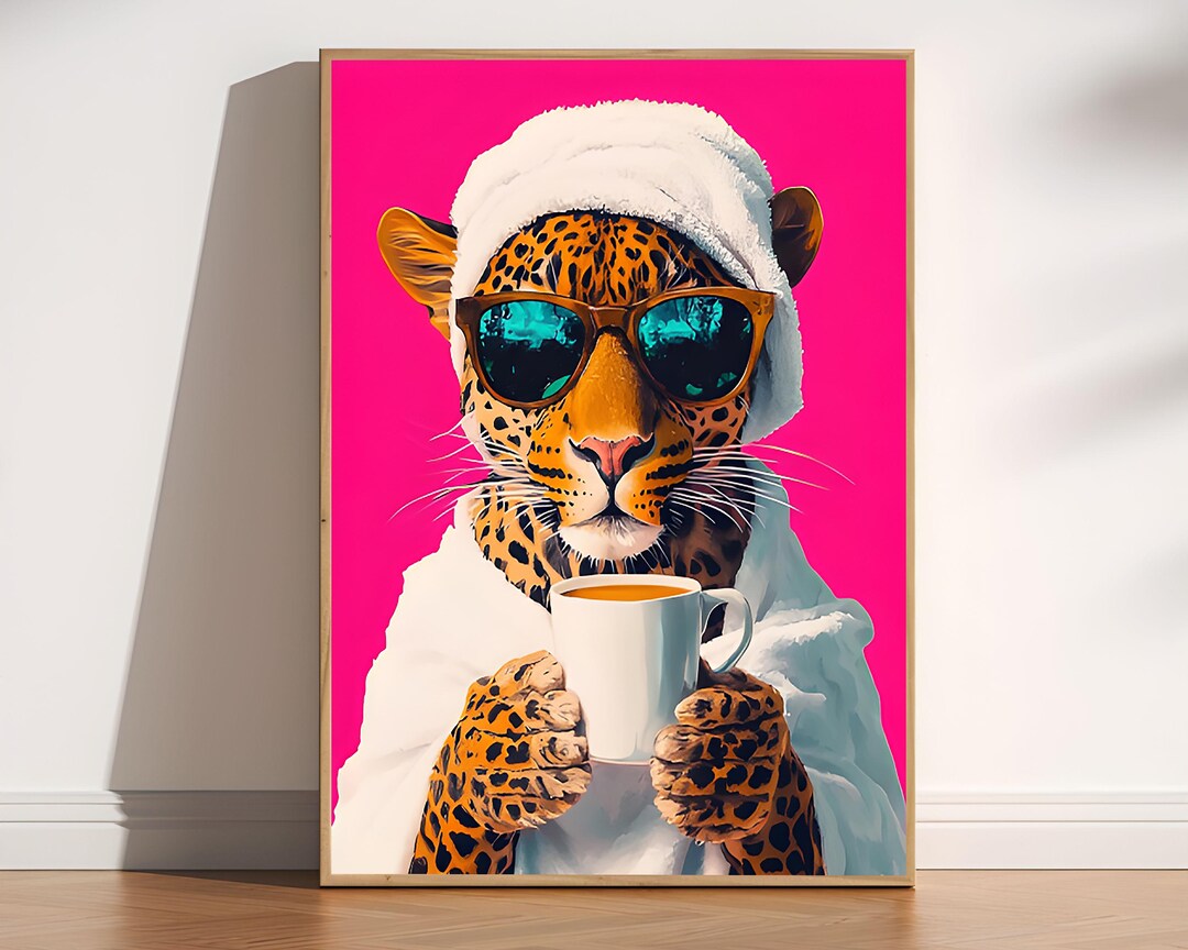 Leopard Drinking Coffee Wall Art, Maximalist Oil Painting, Vibrant ...