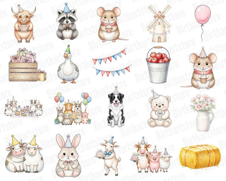 Cute Farm Animal Birthday Clipart Bundle, Farm Party Clipart PNG, Cute ...