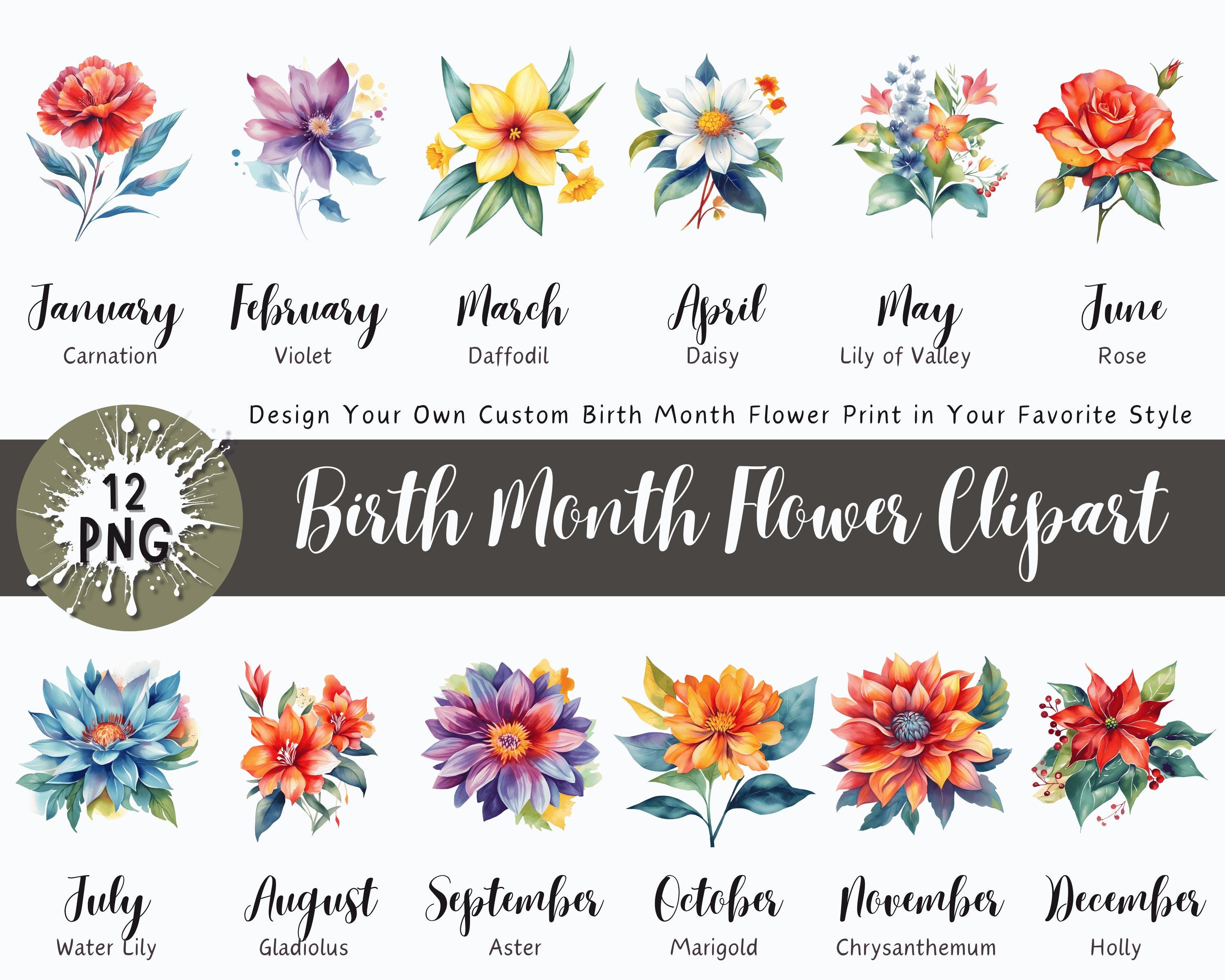 Birth Month Flower Print, Birth Flowers Clipart, Botanical Clipart ...