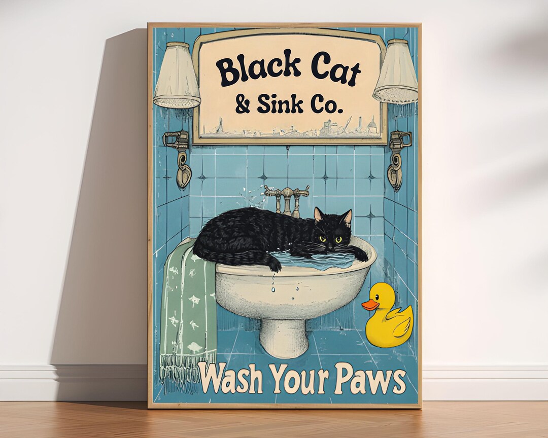 Wash Your Paws Cat Print, Black Cat Bathroom Poster, Art Deco Cat ...