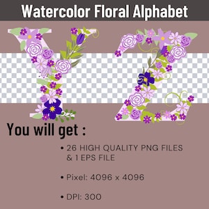 Floral Alphabet Clipart, Lavender Letter Graphics, Watercolor Floral ...