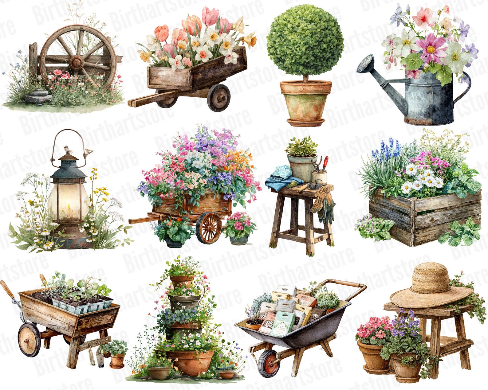 Gardening Clipart | Watercolor Garden Tools & Flowers | 100 Pngs ...