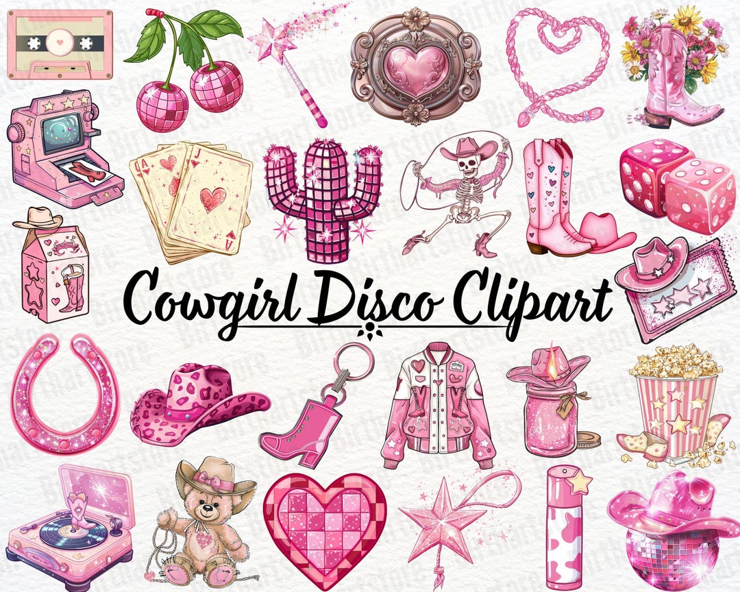 Pink Disco Cowgirl Clipart & PNG Bundle for Bachelorette Party, Groovy ...