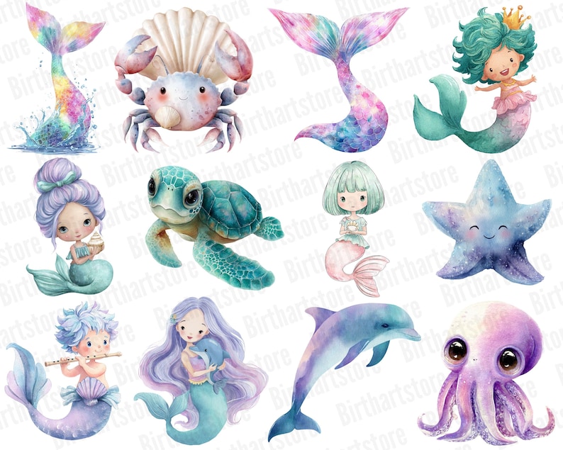 Cute Mermaid Clipart Pastel Watercolor | Under the Sea Nursery Decor ...
