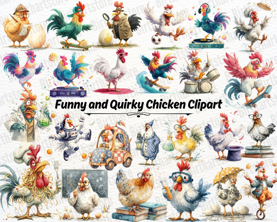 Funny and Quirky Chicken Clipart, Chicken Bundle PNG, Cartoon ...
