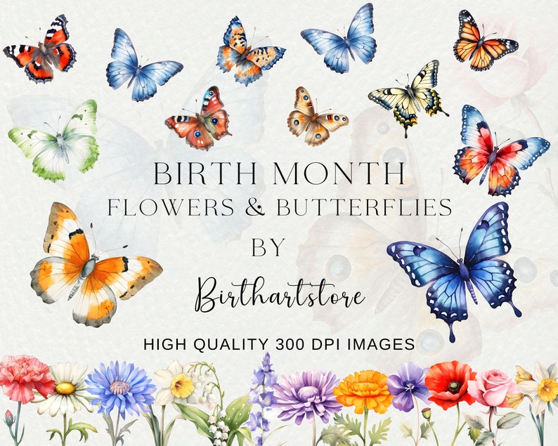 Birth Month Flower Clipart, Birth Flower Butterfly Clipart, Floral ...