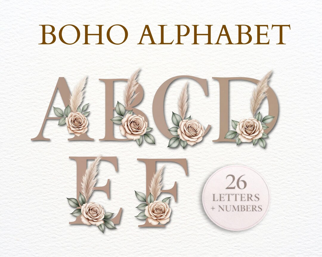 Boho Alphabet Clipart PNG, Floral Letters and Numbers, Printable ...