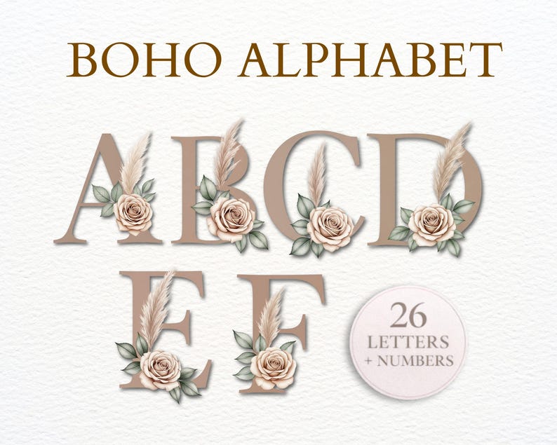 Boho Alphabet Clipart PNG, Floral Letters and Numbers, Printable ...