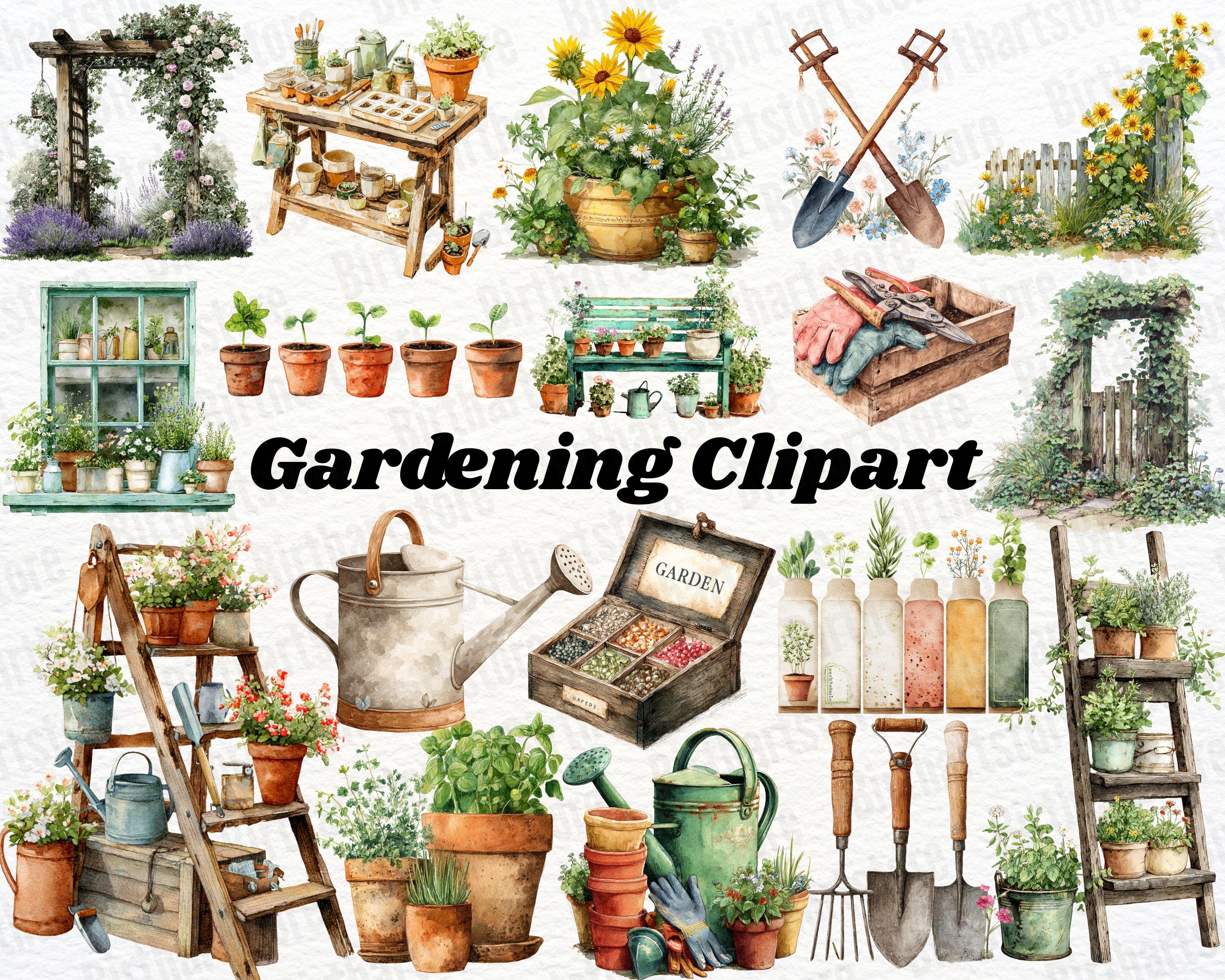 Gardening Clipart | Watercolor Garden Tools & Flowers | 100 Pngs ...