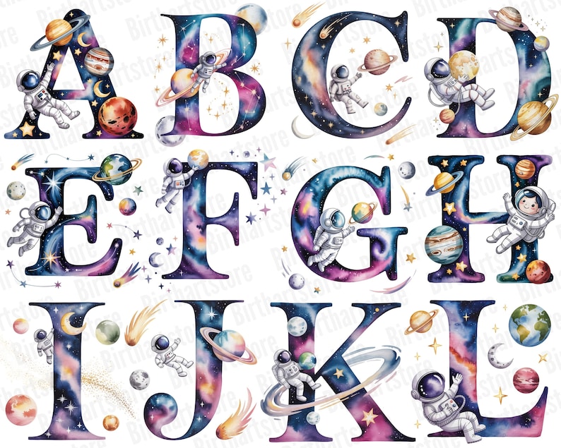 Space Alphabet Clipart | Watercolor Galaxy Astronaut Letters PNG ...
