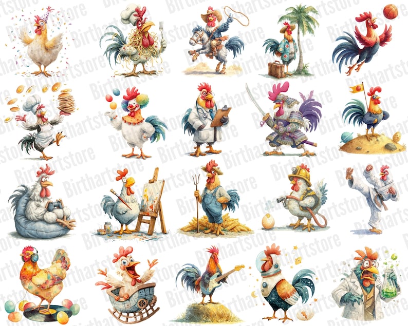Funny and Quirky Chicken Clipart, Chicken Bundle PNG, Cartoon ...