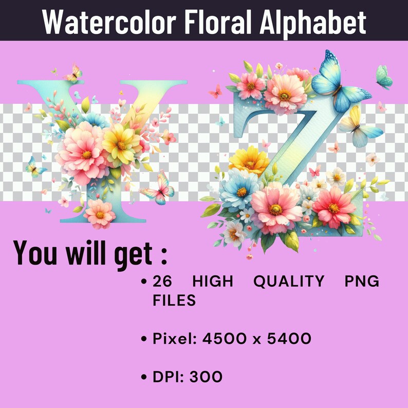 Watercolor Floral Alphabet PNG Wedding Clipart Letters Commercial Use ...