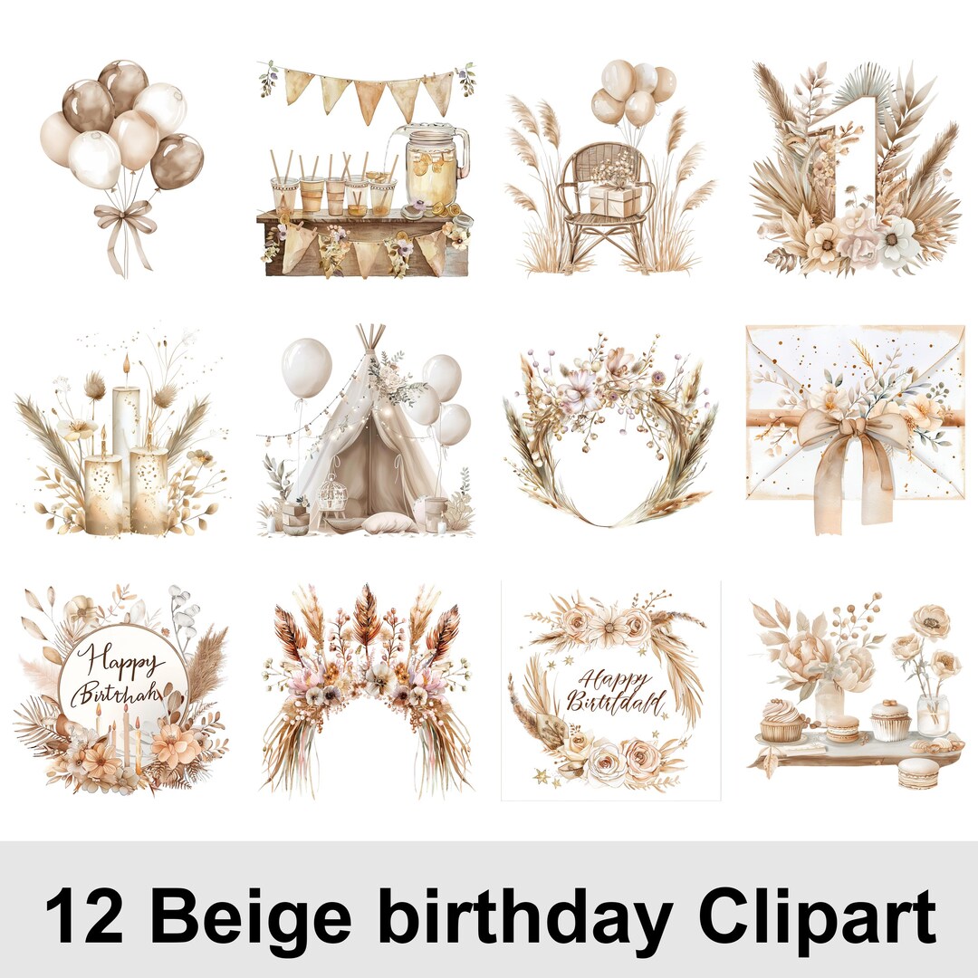 Happy Birthday Clipart Bundle • Boho Watercolor Party Elements, Quirky ...
