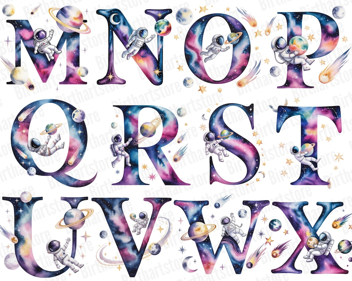 Space Alphabet Clipart | Watercolor Galaxy Astronaut Letters PNG ...