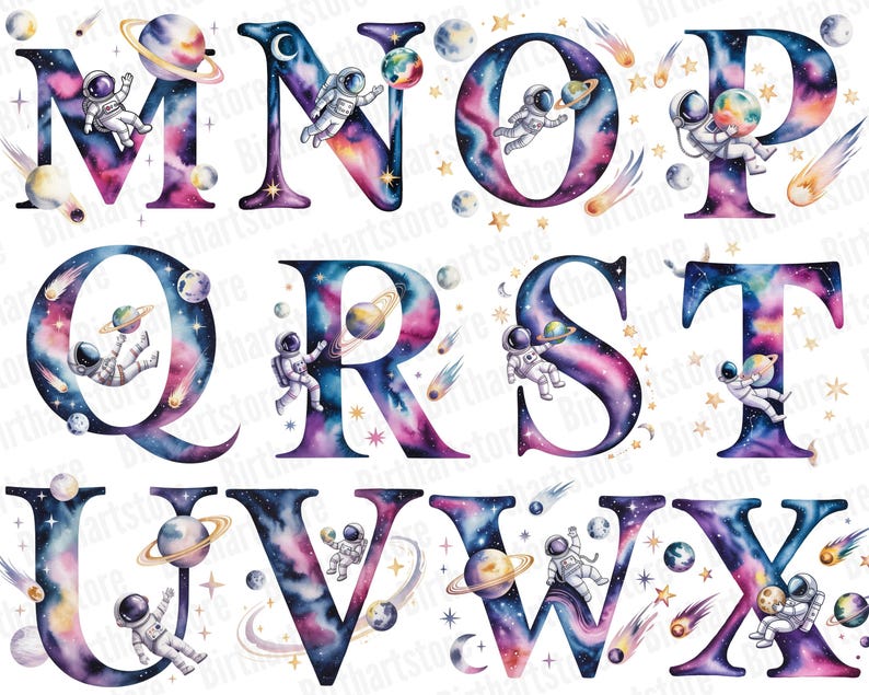 Space Alphabet Clipart | Watercolor Galaxy Astronaut Letters PNG ...