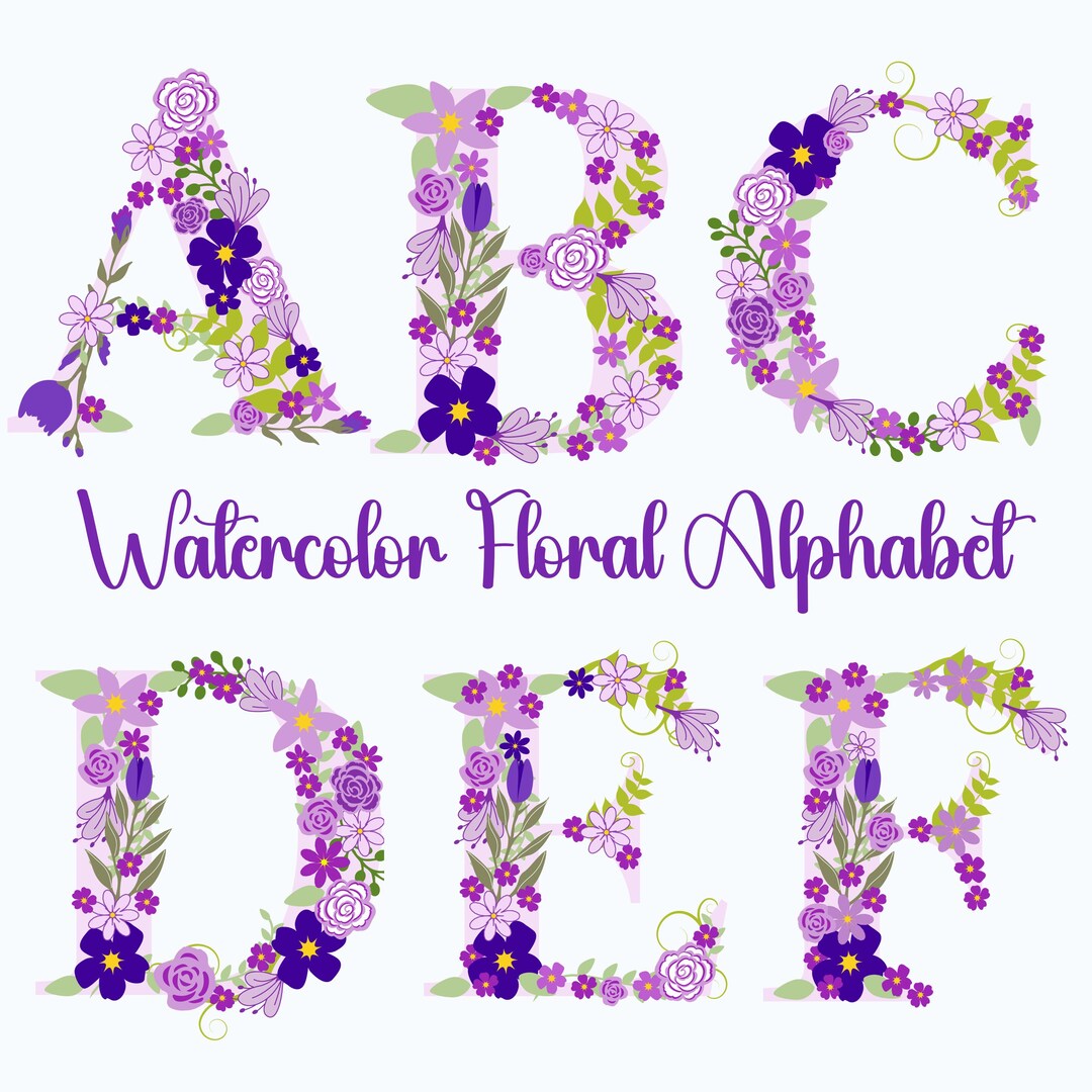 Floral Alphabet Clipart, Lavender Letter Graphics, Watercolor Floral ...