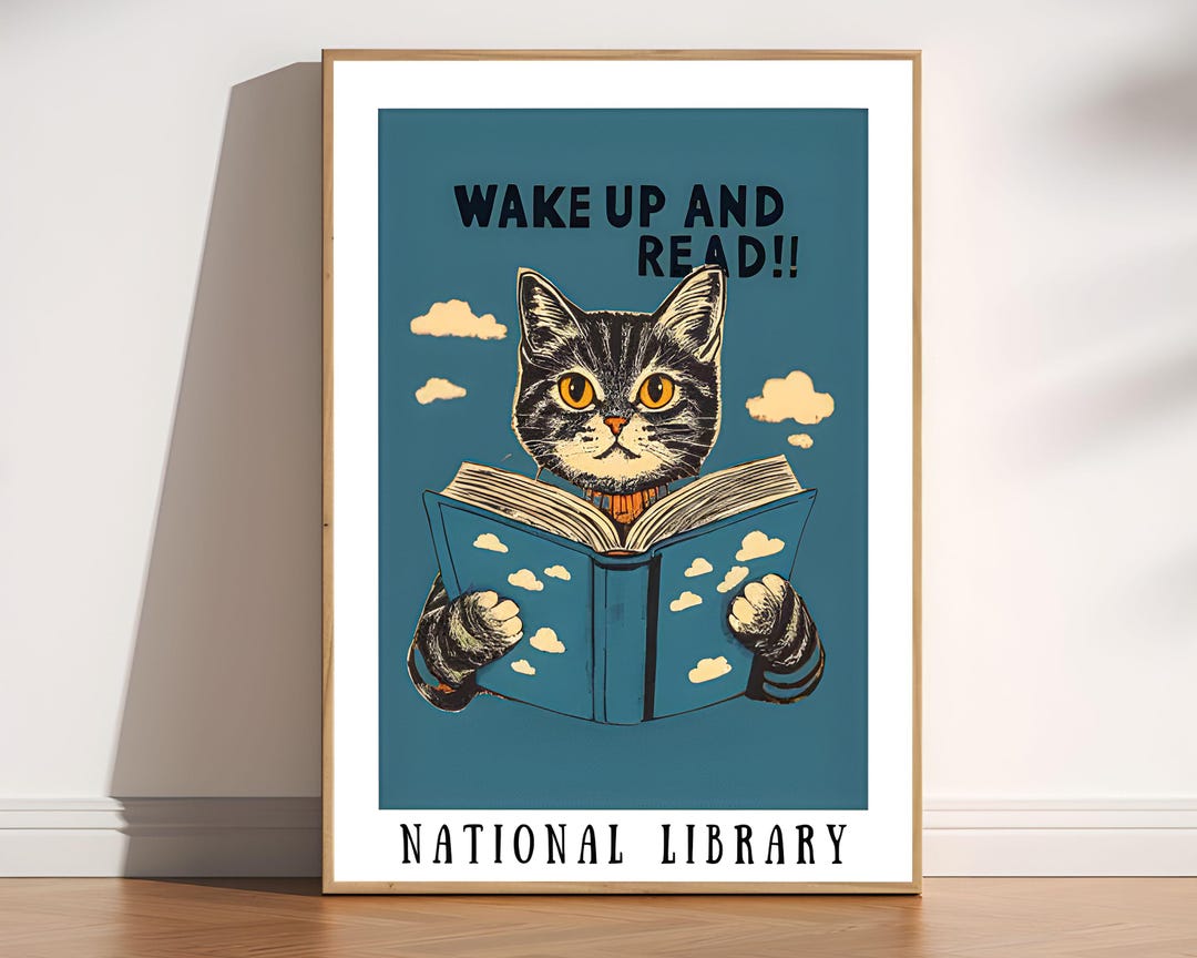 Cat Book Poster, Cat and Book Lover Wall Art, Cozy Library Decor, Cat ...