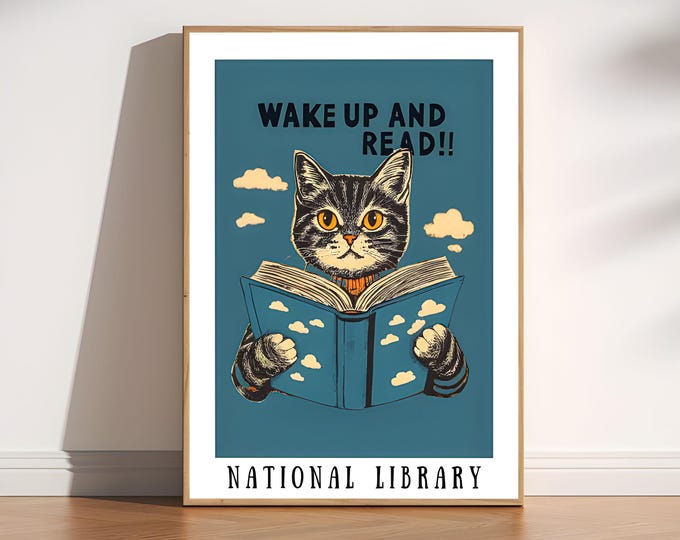 Wake up and Read Poster, National Library Week 1960 Art Print, Cute Cat ...