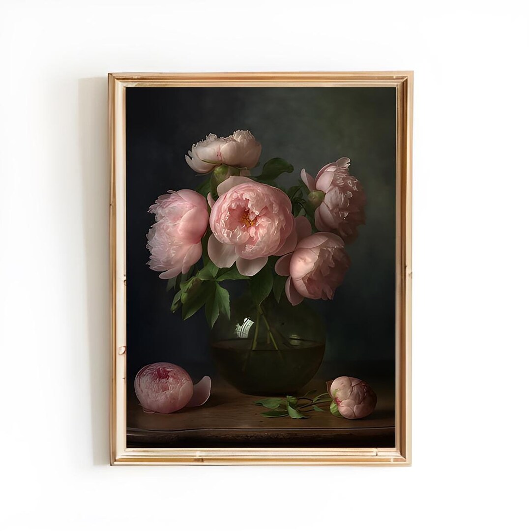 Moody Floral Peonies, Antique Pink Peonies Art, Still Life Peonies Wall ...